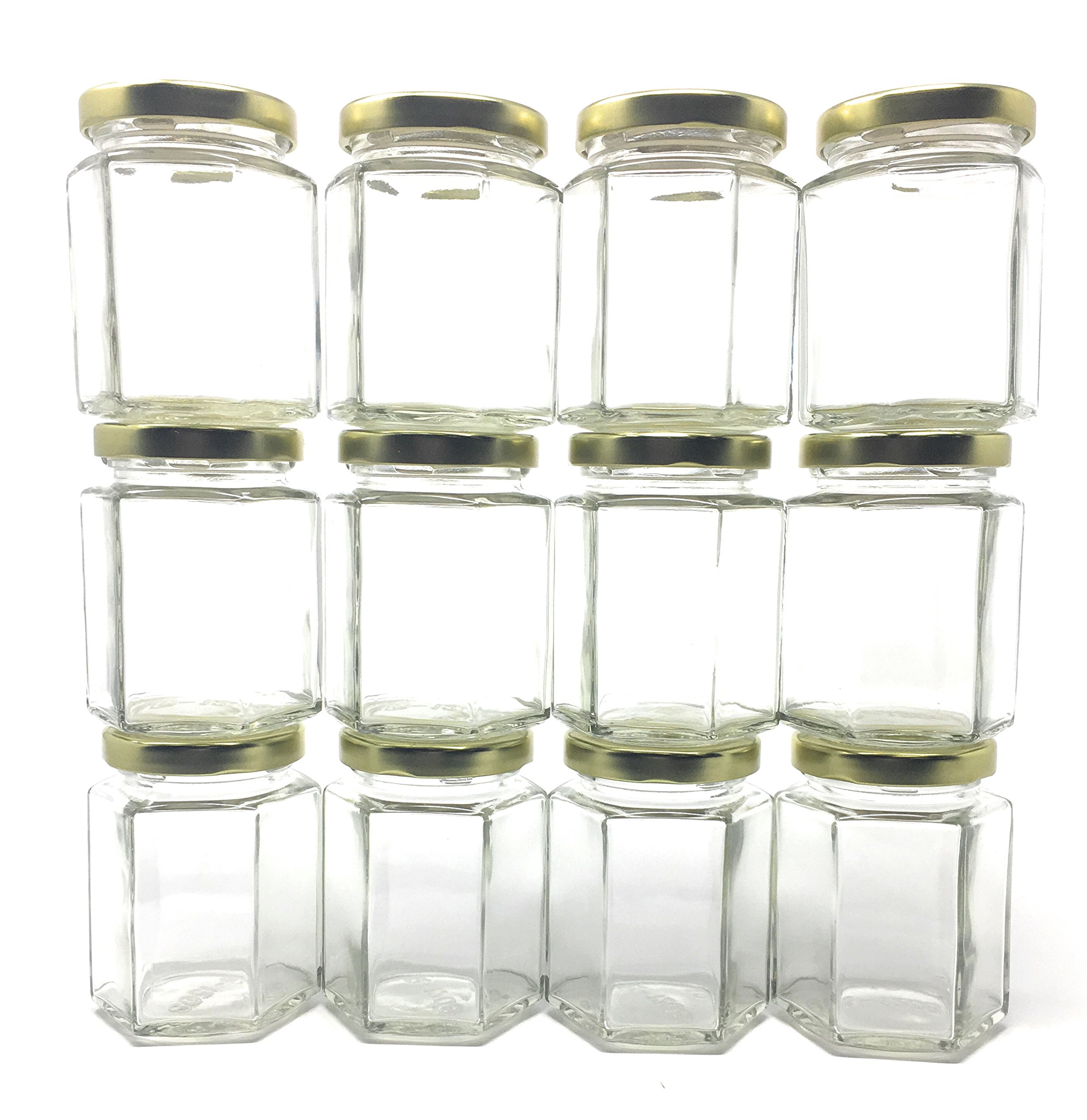 6 oz Hexagon Glass Jar with Gold Metal Lid by Richards Packaging 12-pack