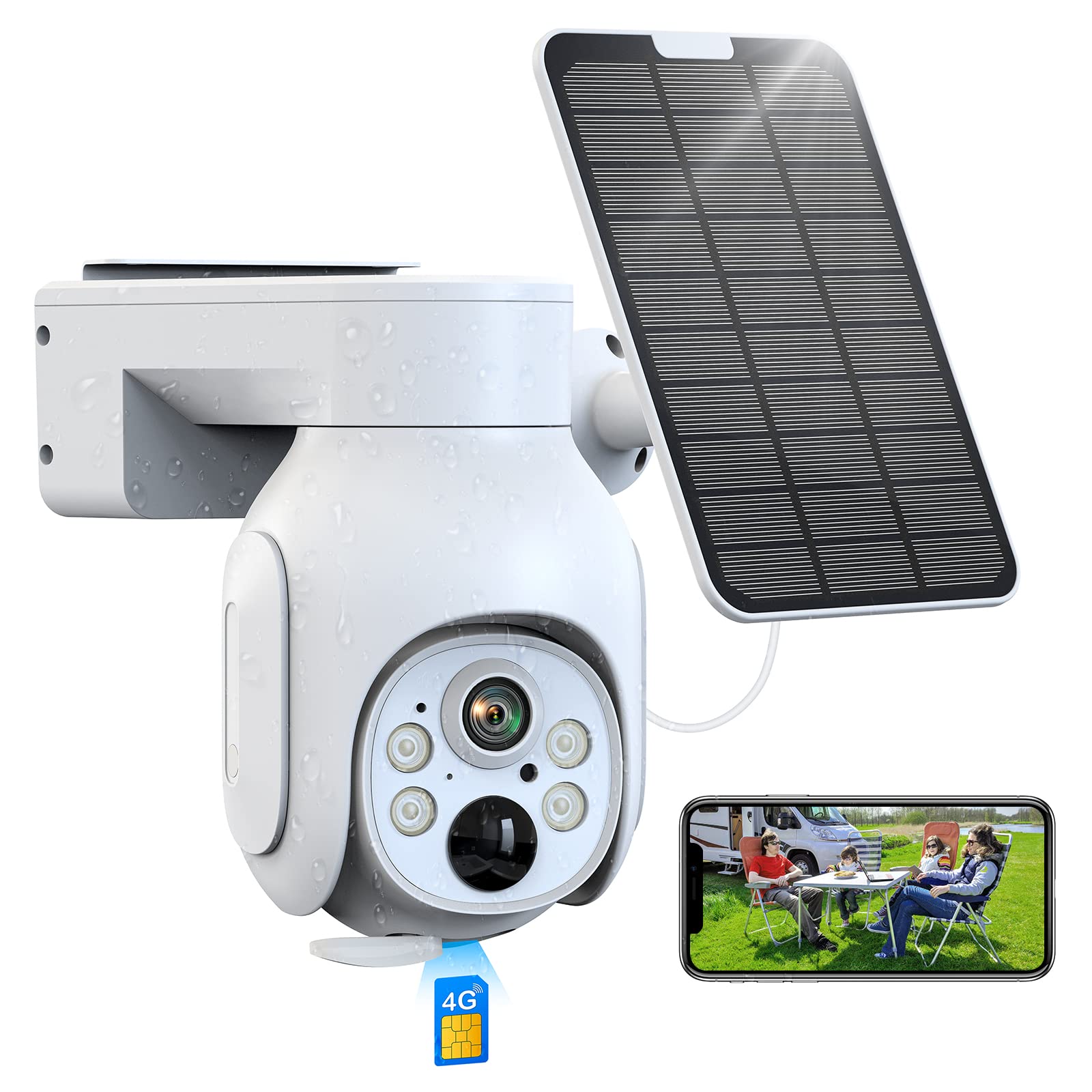 4G LTE No WiFi Cellular Security Camera Outdoor Wireless with Solar Panel & SIM Card & Free 30-Day Cloud, 2K Battery Powered Dome Cam PIR Detection, Color Night Vision, 2-Way Audio
