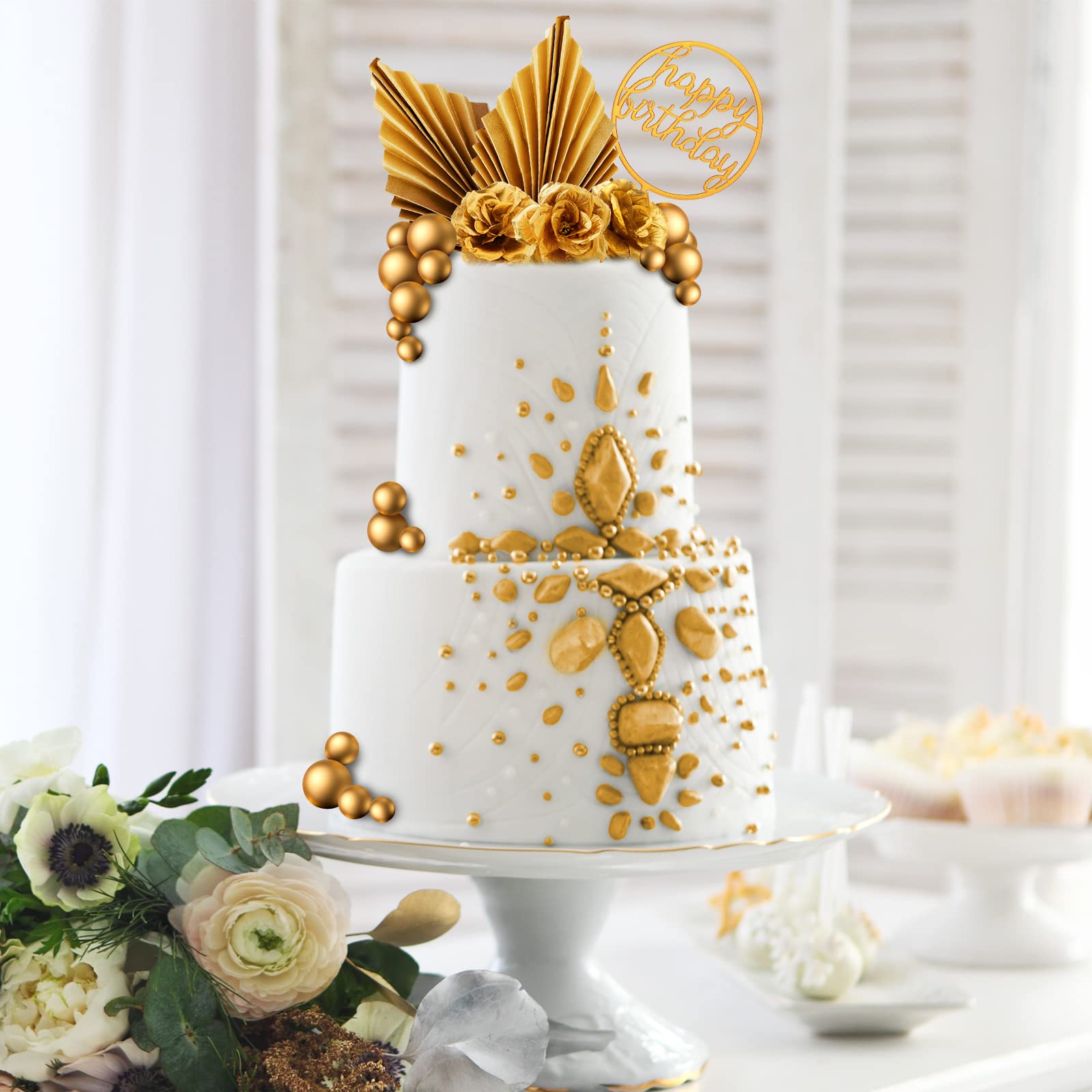 52 Pcs Flower Toppers for Cake Gold Balls Decorations Boho Topper Butterfly Birthday Wedding Baby Shower Party Decoration(Gold)