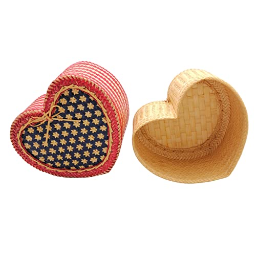 Bamboo Sticky Rice Serving Basket 6.2 x 5.2 Inch, Kratip, Intricately Woven Container, Heart-Shaped, Elephant Weave Pattern, Blue, Thailand Handmade, Dyed with Natural Based (American Flag)