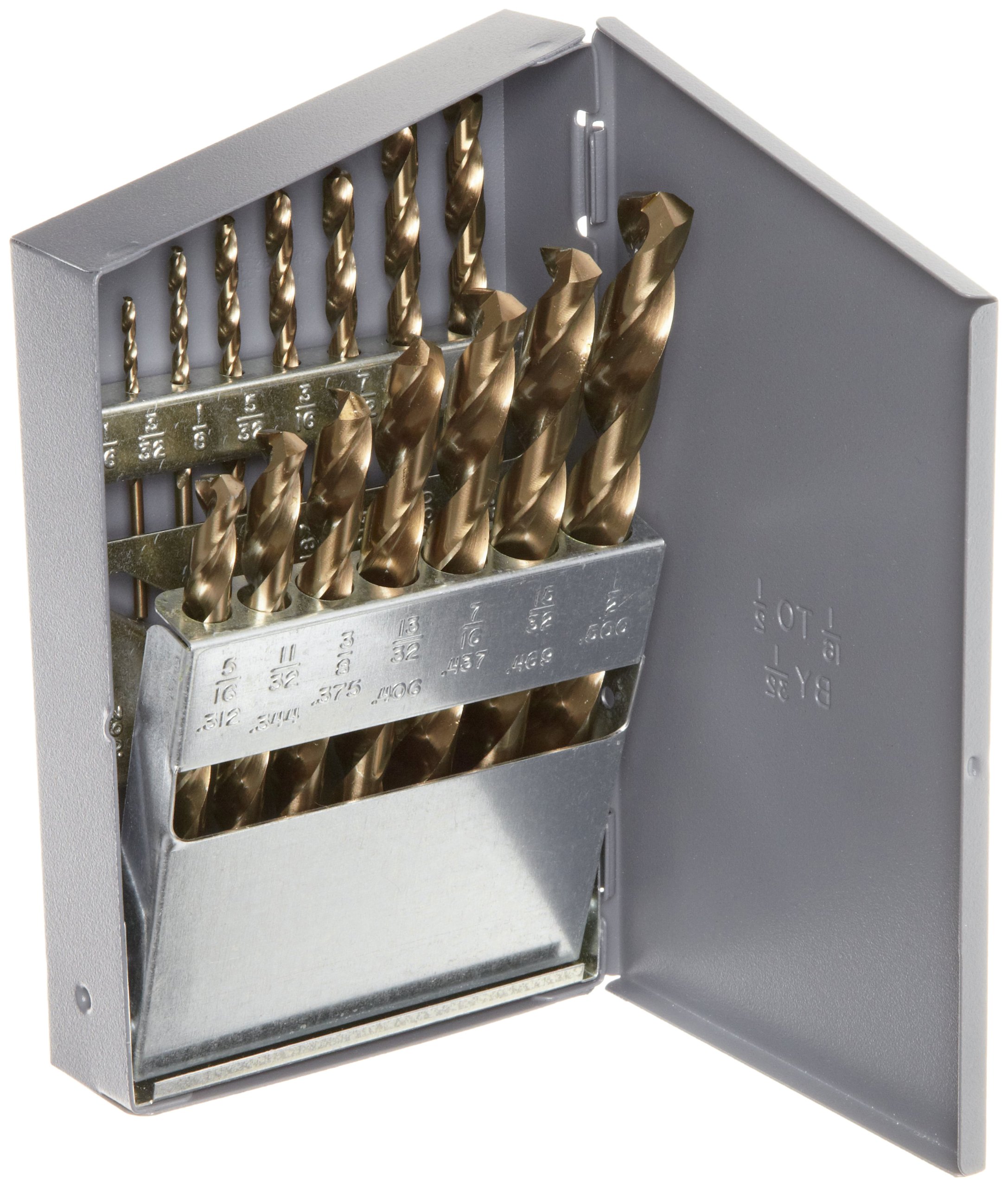 Chicago Latrobe - 57852 1U200 550 Series Cobalt Steel Jobber Length Drill Bit Set with Metal Case, Gold Oxide Finish, 135 Degree Split Point, Inch, 15-piece, 1/16" - 1/2" in 1/32" increments