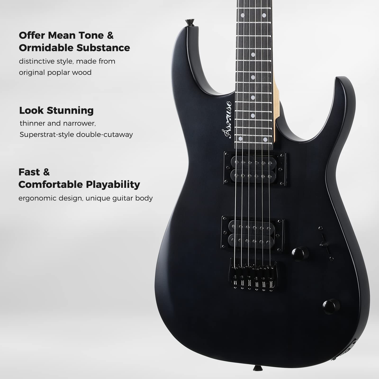 39 Inch Full Size Electric Guitar, Asmuse Solid Body Dinky Electric Guitar, HH Pickups 6 Strings Electric Guitar for Beginner Starter Black