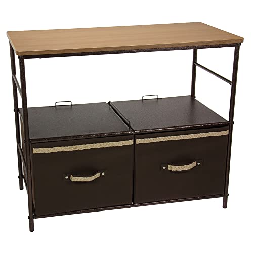 Household Essentials 2-Tier Storage Chest of Drawers Bronze Frame Wood Grain Top and 4 Brown Storage Bins with Natural Jute Trim