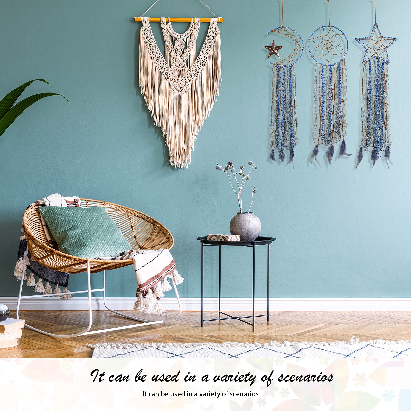 3 Pieces Dream Catcher Moon Sun Star Blue Design Handmade Modern Dreamcatcher with 3 LED String Lights for Bedroom Hanging Wall Home Decoration Ornament Festival Present