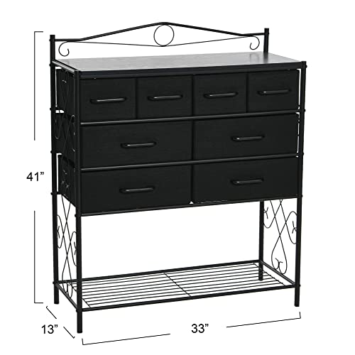 Household Essentials Victoria Dresser Table Storage Organizer with 8 Drawers and Shoe Shelf Black Metal Frame and Black Oak Wood Grain Top