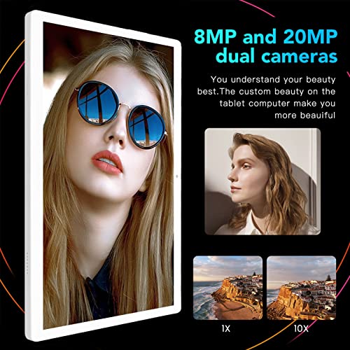 4G LTE Phone Tablet, 20MP Rear Camera 512GB Expandable 2.4G 5G WiFi 10.1 Inch Tablet for Home for Work (White)
