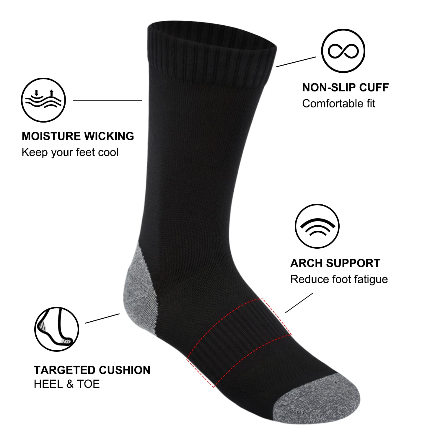 5 Pack Mens Athletic Crew Socks Comfort Fit Quick Dry for Running Working Cycling Training Black 9-12(L)