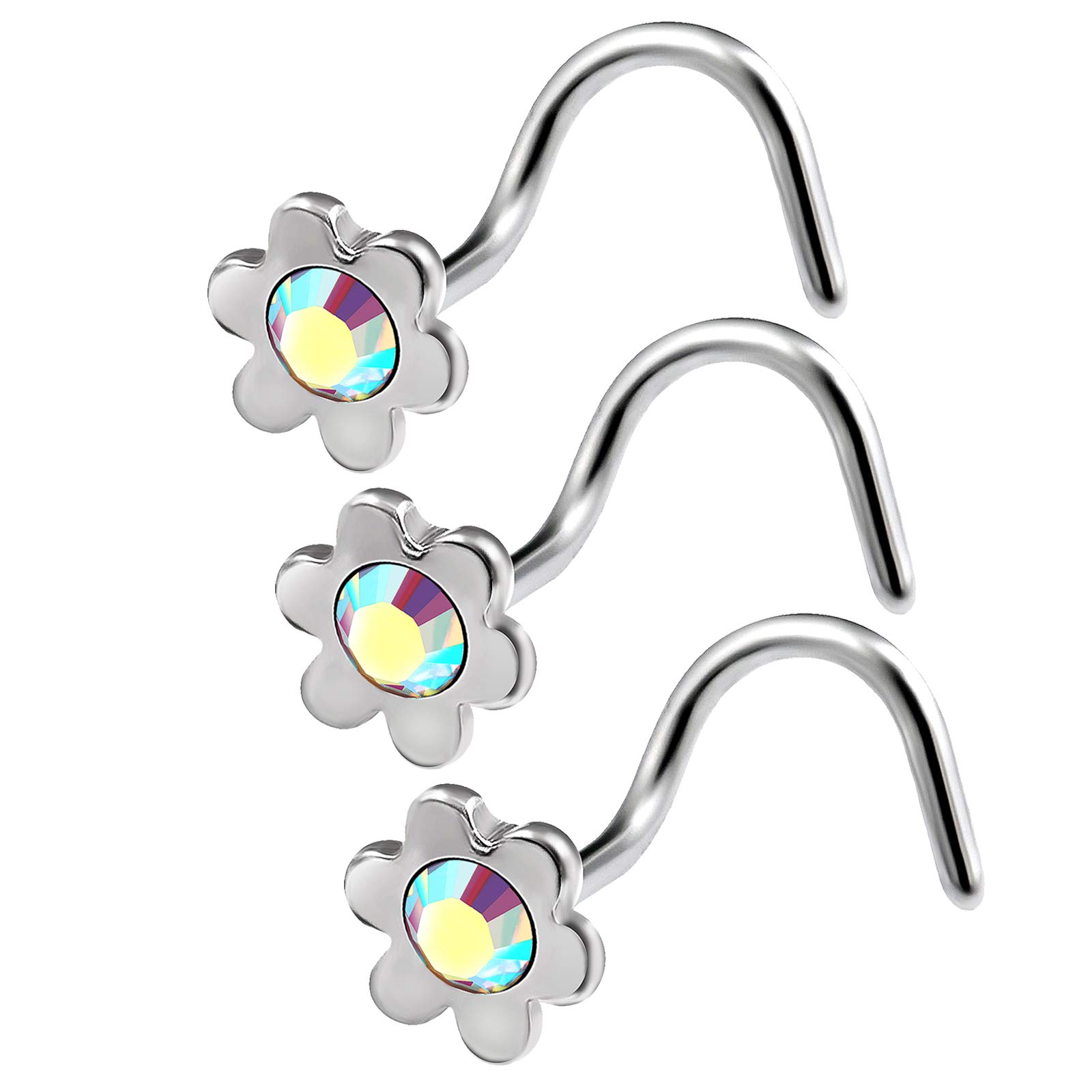 3Pcs Surgical Steel Flower Shaped top 20 gauge 9/32 7mm Stud Nose Ring Screw Piercing Jewelry Aurora Borealis Crystal M6069
