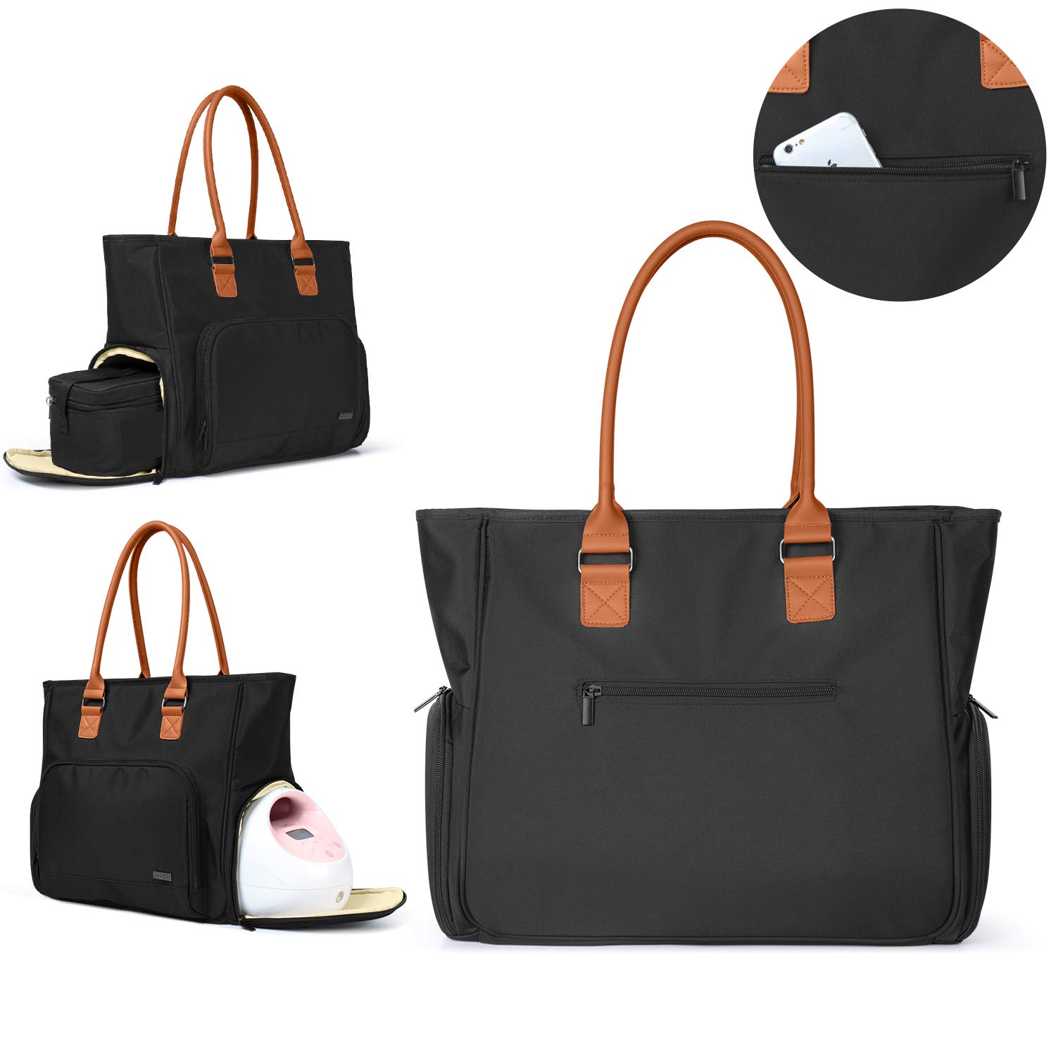 LUXJA Breast Pump Bag with Breastmilk Cooler Bag (Hold Four 5 Ounce Breastmilk Bottles), Leather Handle Breast Pump Tote for Working Mothers (With a Laptop Pocket), Black