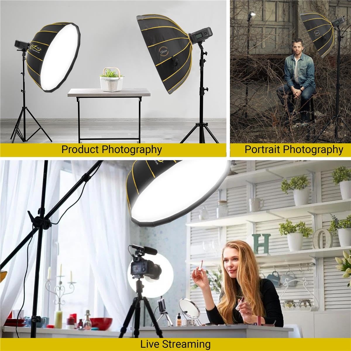Glow EZ Lock 34" Collapsible White Beauty Dish Softbox w/Bowens Mount Speedring and Deflection Disk, 16 Ribbed Design Soft Box with White Interior for Perfect Lighting and Beauty Dish Photography