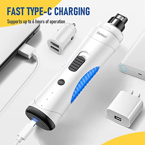 Peteast Electric Dog Nail Grinder Professional, Upgraded Type C W LED Lighting, Quiet Painless Safe Smooth Paw Grooming, Powerful 7 Speeds Clipper Trimmer (White)