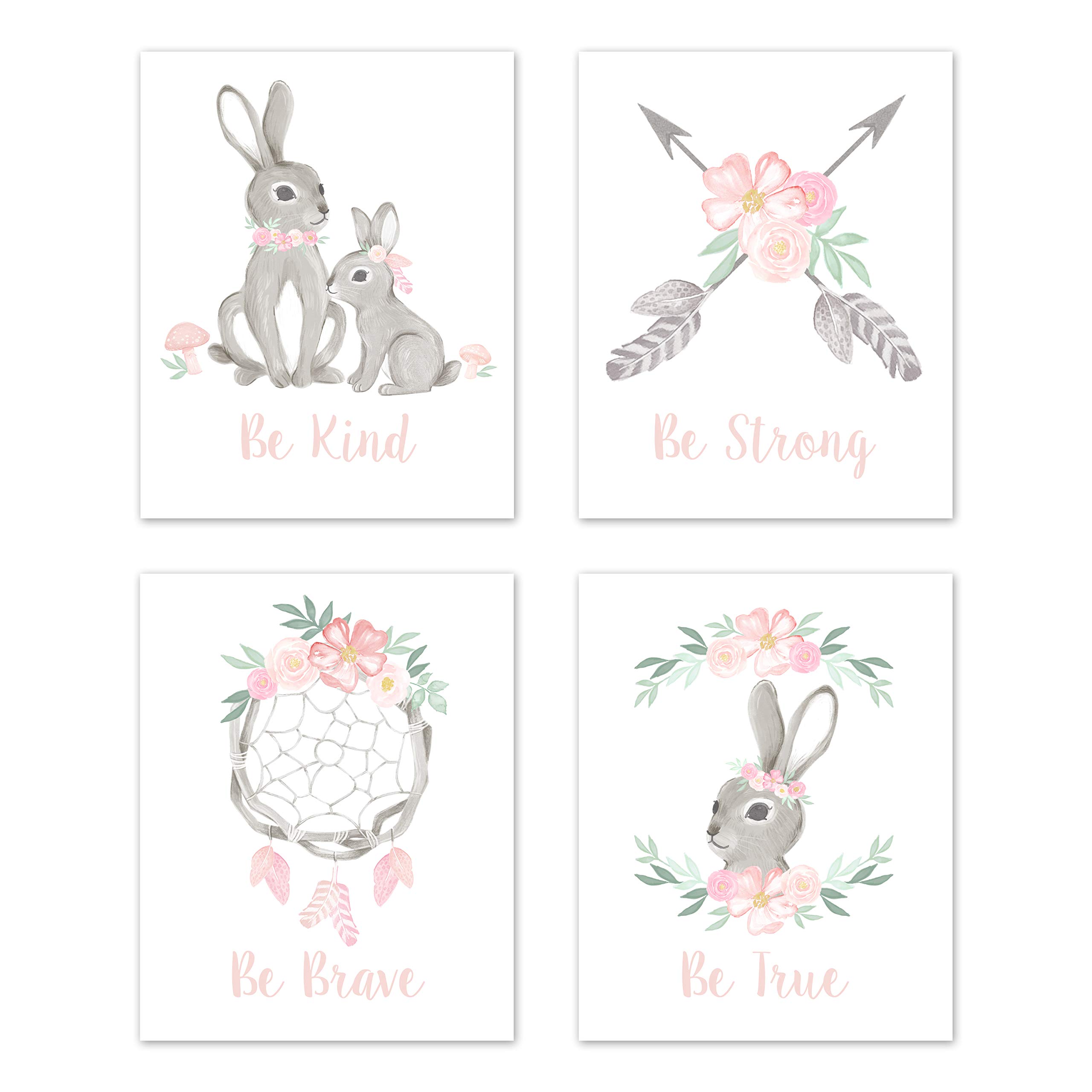 Sweet Jojo Designs Blush Pink and Grey Woodland Boho Dream Catcher Arrow Wall Art Prints Room Decor for Baby, Nursery, and Kids for Gray Bunny Floral Collection - Set of 4 - Watercolor Rose Flower