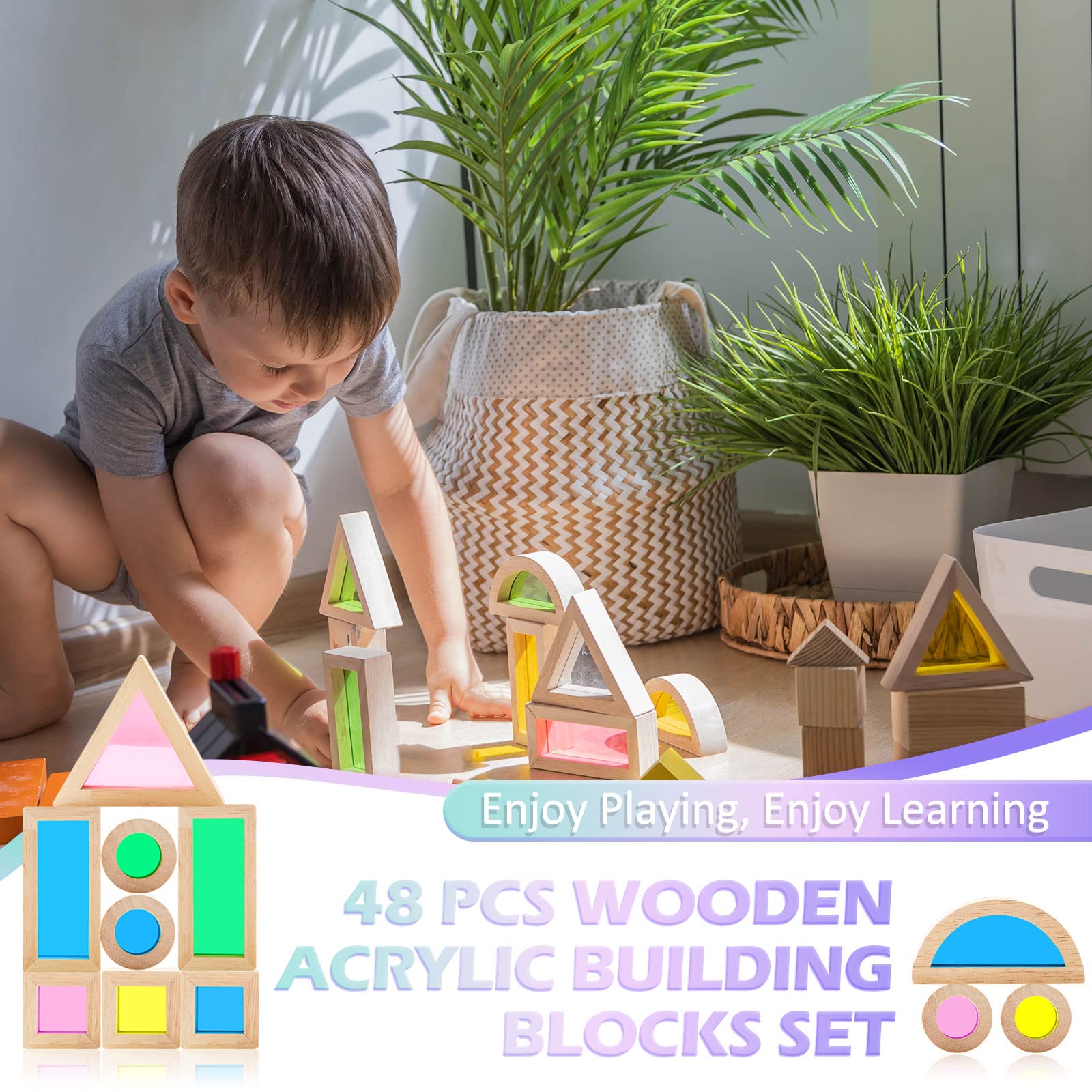 48 Pcs Wood Building Blocks Rainbow Geometry Wooden Blocks Construction Colorful Sensory Stacking Blocks for Toddlers Baby Kids Play Montessori Preschool Table Game Learning Educational Activity
