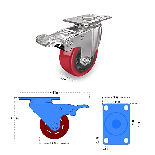 Caster Wheels 3 inch Set of 4, with Safety Dual Locking Bearing Casters, and Polyurethane Foam No Noise Wheels, Heavy Duty - 250 Lbs Per Casters(Bonus of 2 Hardware Kits)