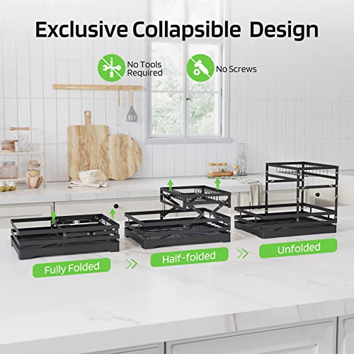 BBXTYLY Large Dish Drying Rack, 2 Tier Collapsible Dish Racks with Drainboard,Drainage, Wine Glass Holder, Utensil Holder and Extra Drying Mat, Dish Drainers for Kitchen Counter (Black)