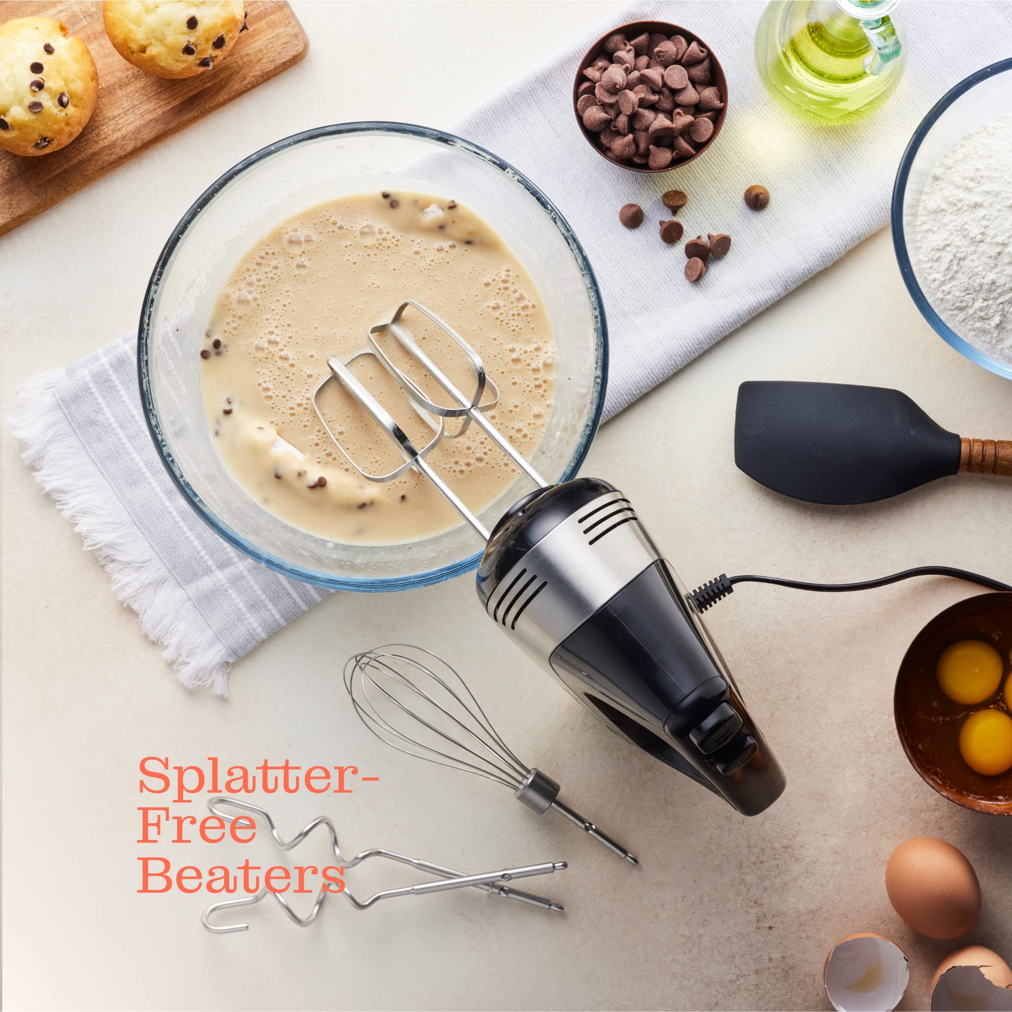 Powerful Electric Kitchen Hand Mixer, 200 Watts, 5 Speed Food Handheld Mixer, with Turbo Button, Dough, Whisk and Beater Attachments, and Accessory Bin, for Dough, Eggs, Batter, (White)