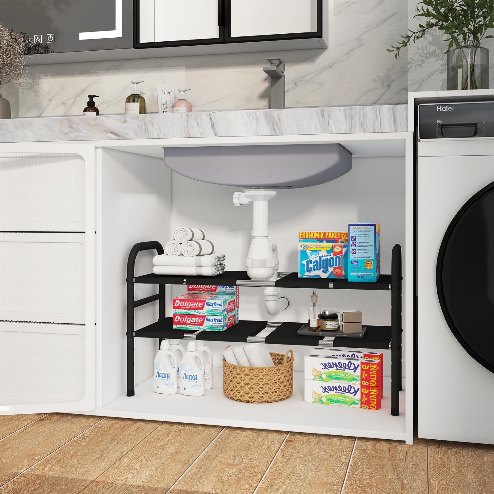 WonCherry Expandable Under Sink Organizers, 2-Tier Kitchen Bathroom Cabinet Storage Counter Shelf, Shoe Storage Rack with 8 Removable Plastic Boards for Kitchen, Bathroom, Pantry, Entryway, Closet