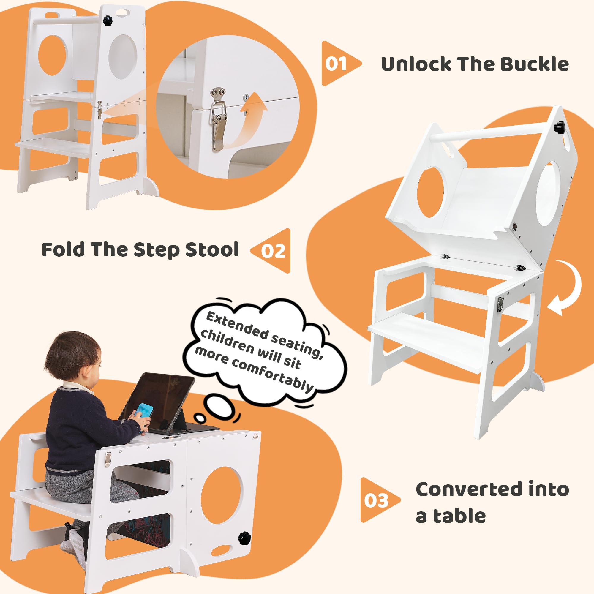 White Toddler Tower Step Stool for Kids Kitchen Stool Helper Toddler Standing Tower Foldable Toddler Table Kids Table and Chair Set 4 in 1 Montessori Helper Tower