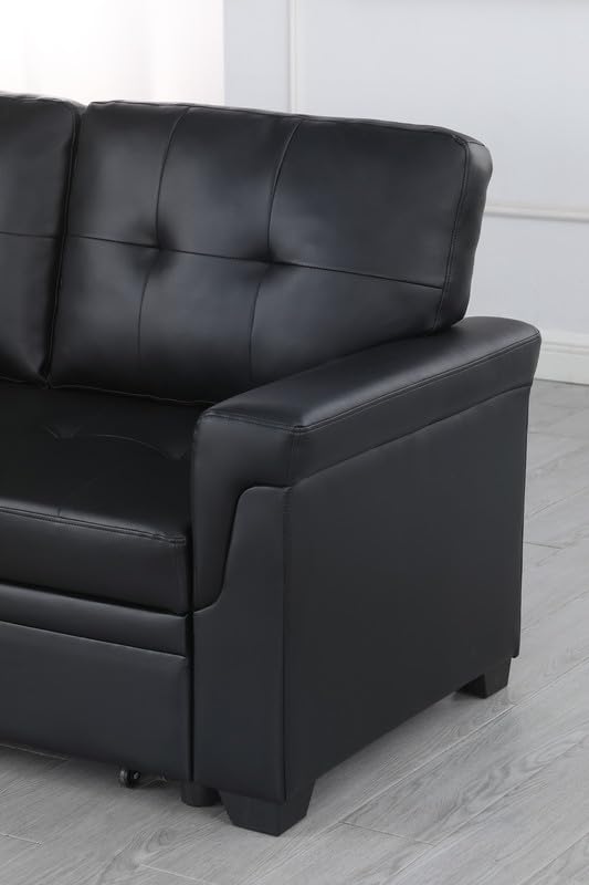 Lilola Home Lexi Black Synthetic Leather Modern Reversible Sleeper Sectional Sofa with Storage Chaise