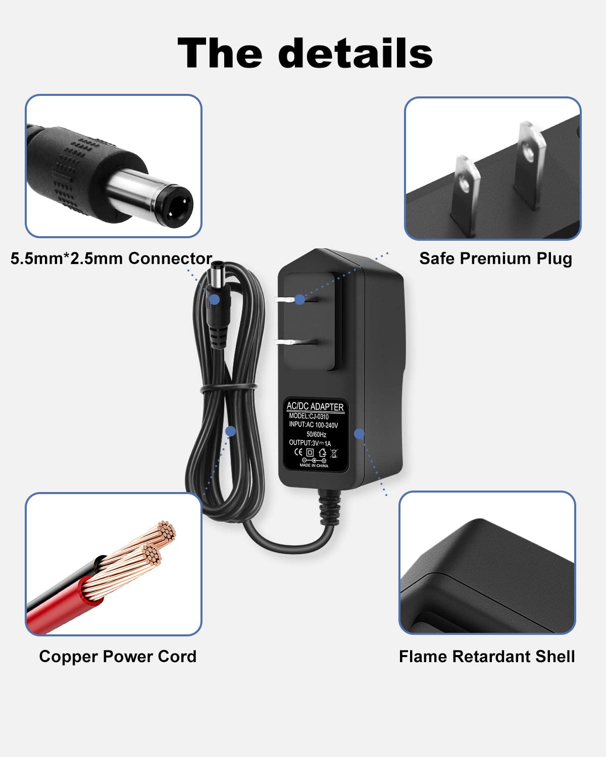 3A 1A DC Power Supply Adapter 3 Volt AC Adapter 100-240V 50-60Hz AC to DC 3V 1A Power Adapter, 3V DC Power Suply 1A Transformer with 5.5mm x 2.5mm Tip for Mini Fan Electric Toothbrush Fountains