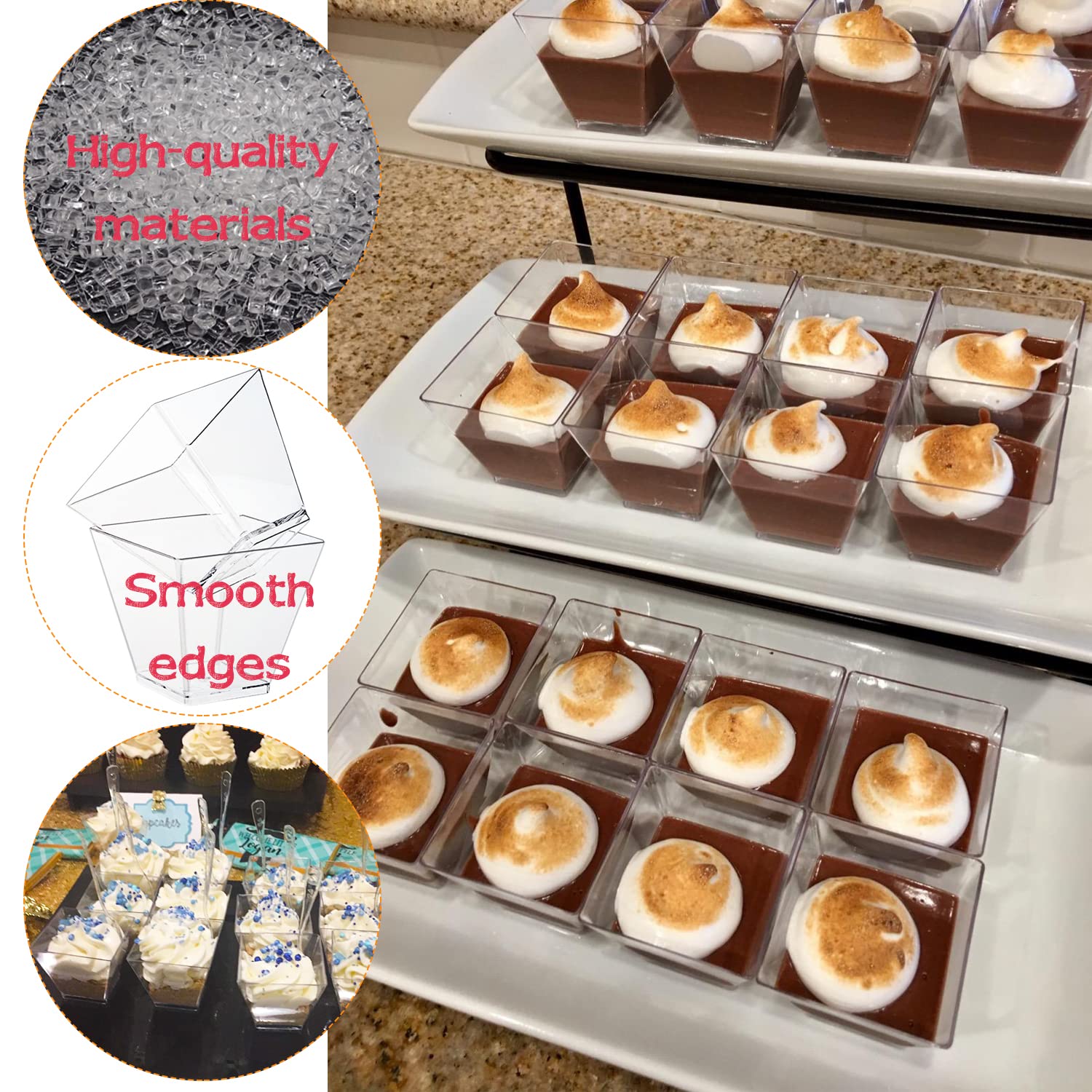 50 Pack 3.5 Oz Plastic Mini Square Dessert Cups with Spoons,Plastic Parfait Appetizer Cup,Disposable Plastic Cups for Puddings Mousse Desserts