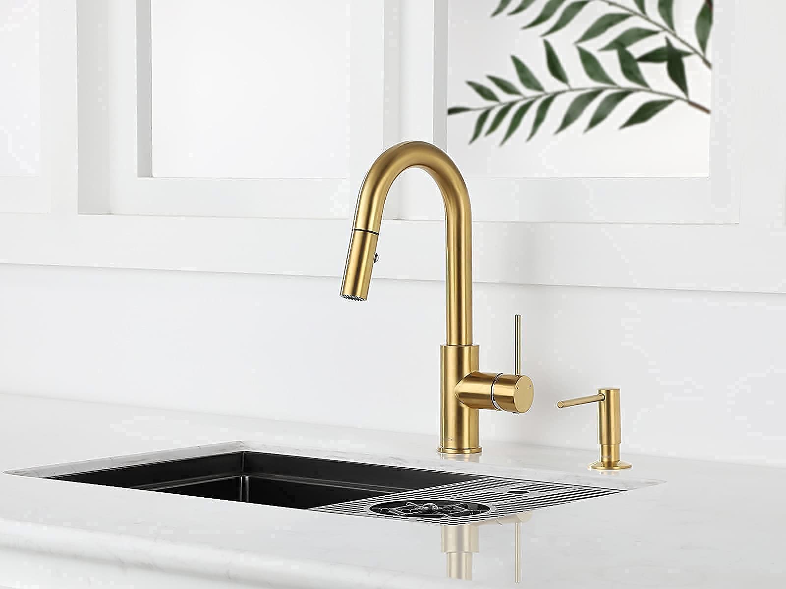 AguaStella AS59BG Brushed Gold Pull Down Bar Faucet and ASF026BG Brushed Gold Built in Soap Dispenser Combination