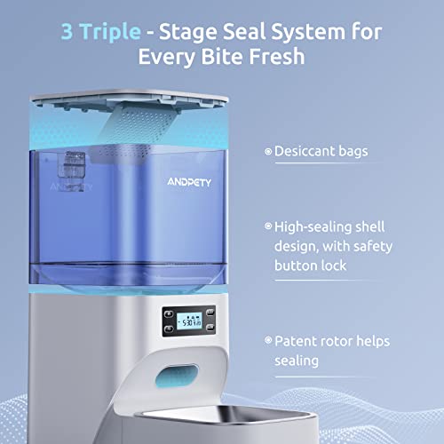 Automatic Cat Feeder, ANDPETY Premium Automatic Cat Food Dispenser with 30s Personalized Meal Call, 1-9 Meals/Day, U-Shaped Stainless Steel Bowl, for Small/Medium Pets, 4L Triple Preservation