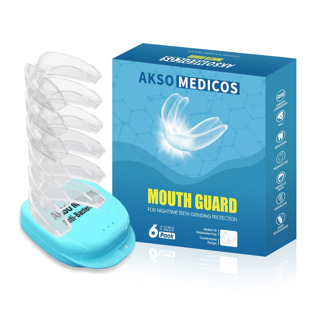 AKSO MEDICOS Bruxism Mouth Guard,Teeth Whitening Mouth Tray,2 Sizes,Pack of 6 Sports Mouth Guard with Case