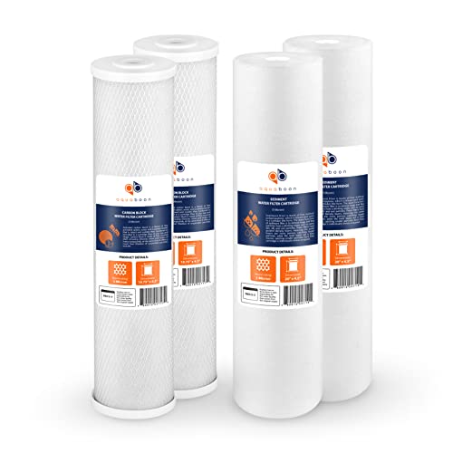 Aquaboon 5 Micron 20" x 4.5" CTO BB Carbon Block & Sediment Replacement Filter Cartridges Set | 2 set, 4 packs FC25BX4, 32-450-20-GREEN, EP20-BB, 2C-20BB, 155358-43, DGD-5005-20, 33003117-1