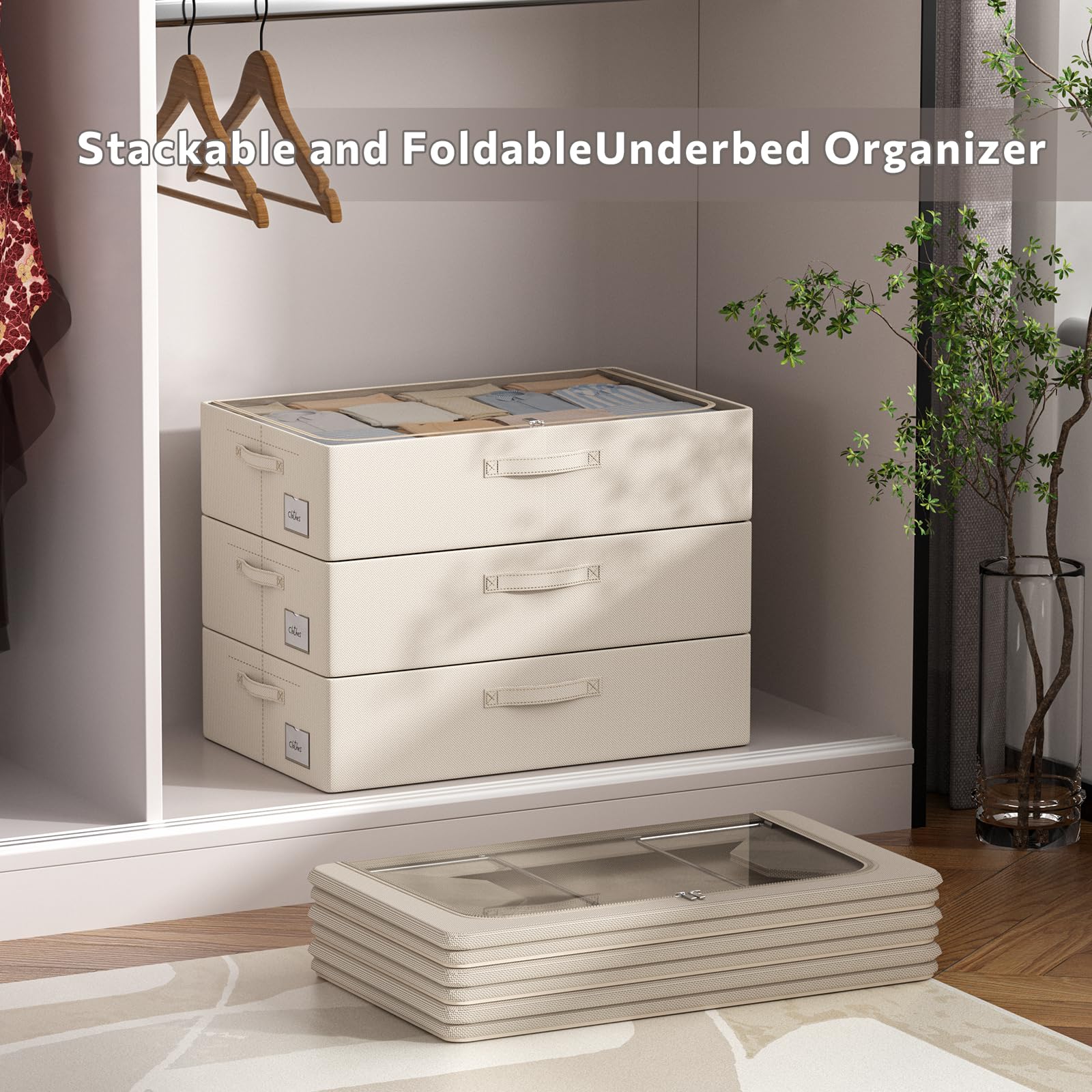 3Pcs Under Bed Storage Bins with Metal Frame - Shoe Organizer for Closet with Clear Cover Oxford Fabric Sturdy Underbed Container Foldable Stackable Clothes Organizer (Beige, 23.5x11.8x6.3)