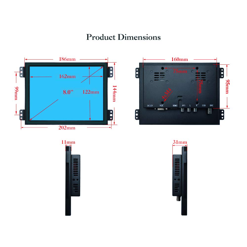 iChawk 8'' inch PC Monitor 1024x768 4:3 Fullview IPS LCD Screen Power On Boot Metal Shell Embedded Open Frame Industrial Display with Quick Easy Installation, Built-in Speaker, BNC HDMI-in K080MN-ZY2