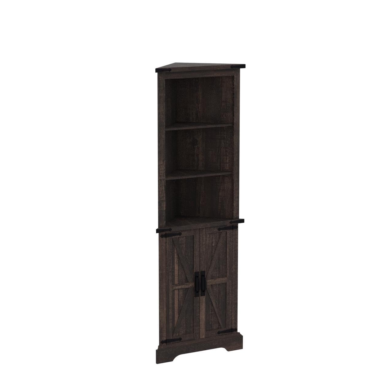 OKD Tall Corner Cabinet, Farmhouse Storage Cabinet with Barn Door Design & Adjustable Shelves, Home Space Saver for Bathroom, Living Room, Dark Rustic Oak