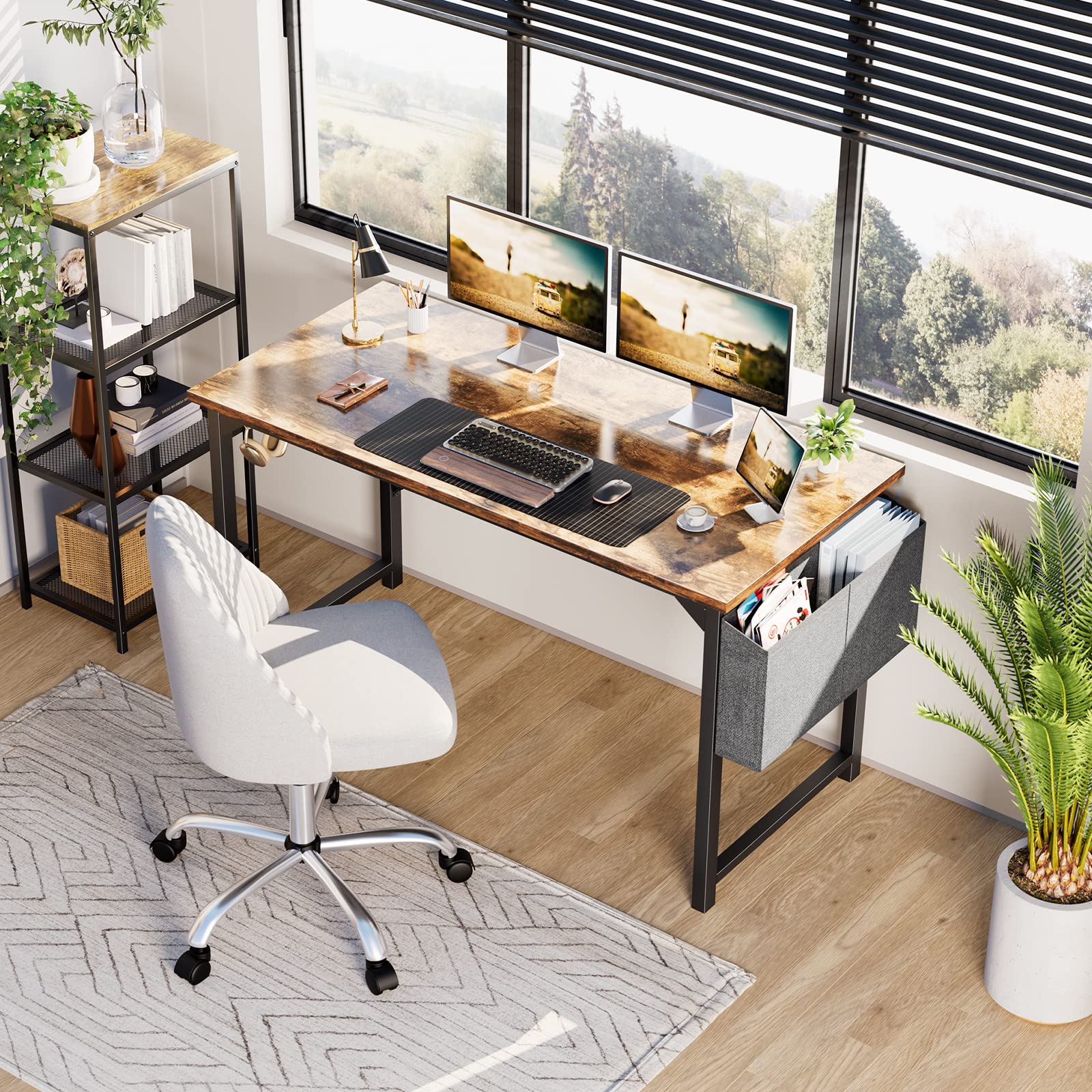 OLIXIS Computer Desk Home Office 55 Inch Writing Study Work Desk Storage Bag Headphone Hooks Large Simple Modern Wood Kids Student PC Table