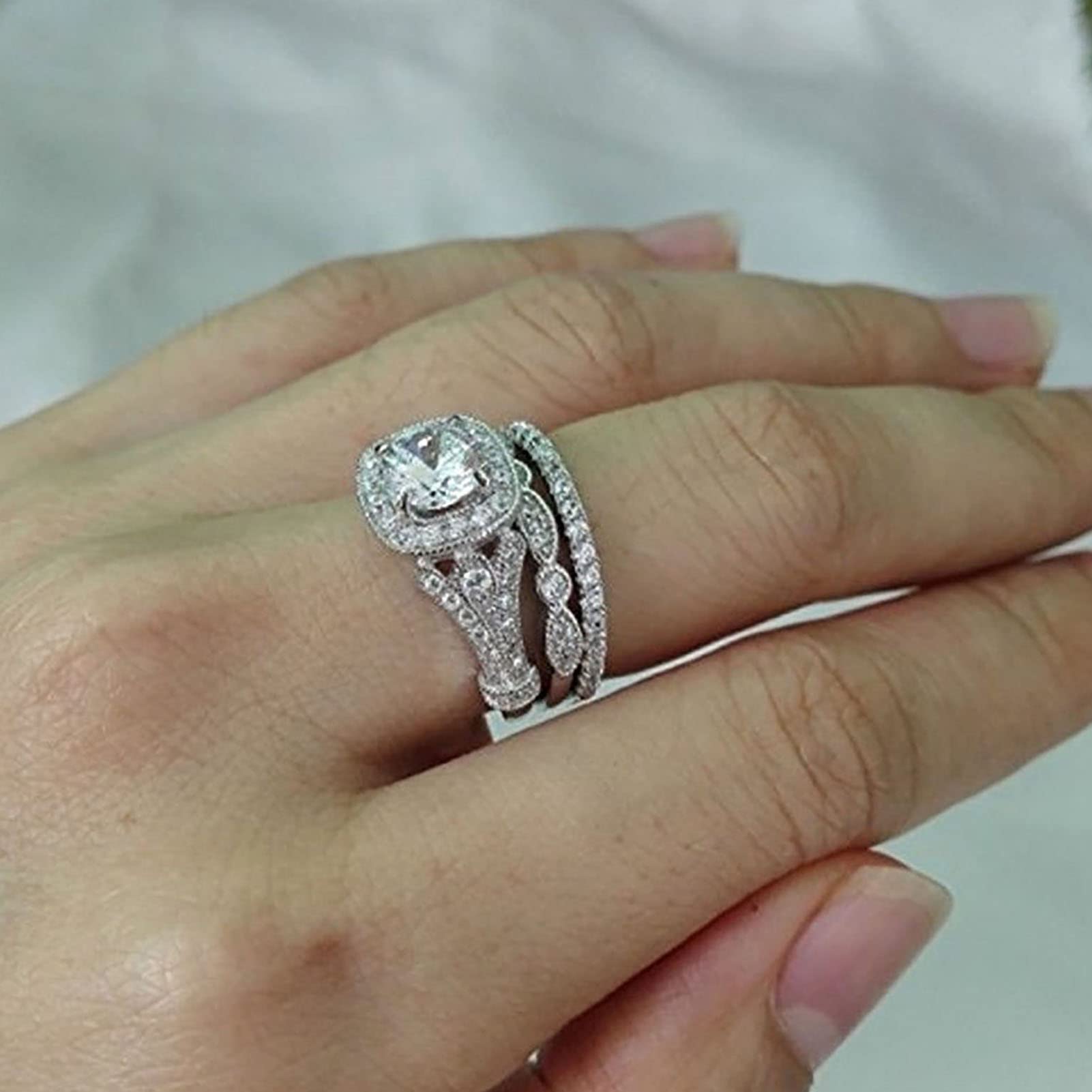 3Pcs Womens Rings, Gorgeous Finger Ring Shiny Exquisite Creative Popular Wedding Ring for Engagement Silver US 7