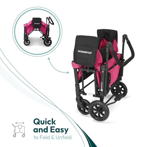 WONDERFOLD W1 Original Double Stroller Wagon (2 Seater) - Collapsible Wagon Stroller with Seats with 5-Point Harnesses, Adjustable Push Handle, and Sun Canopy, Fuschia Pink