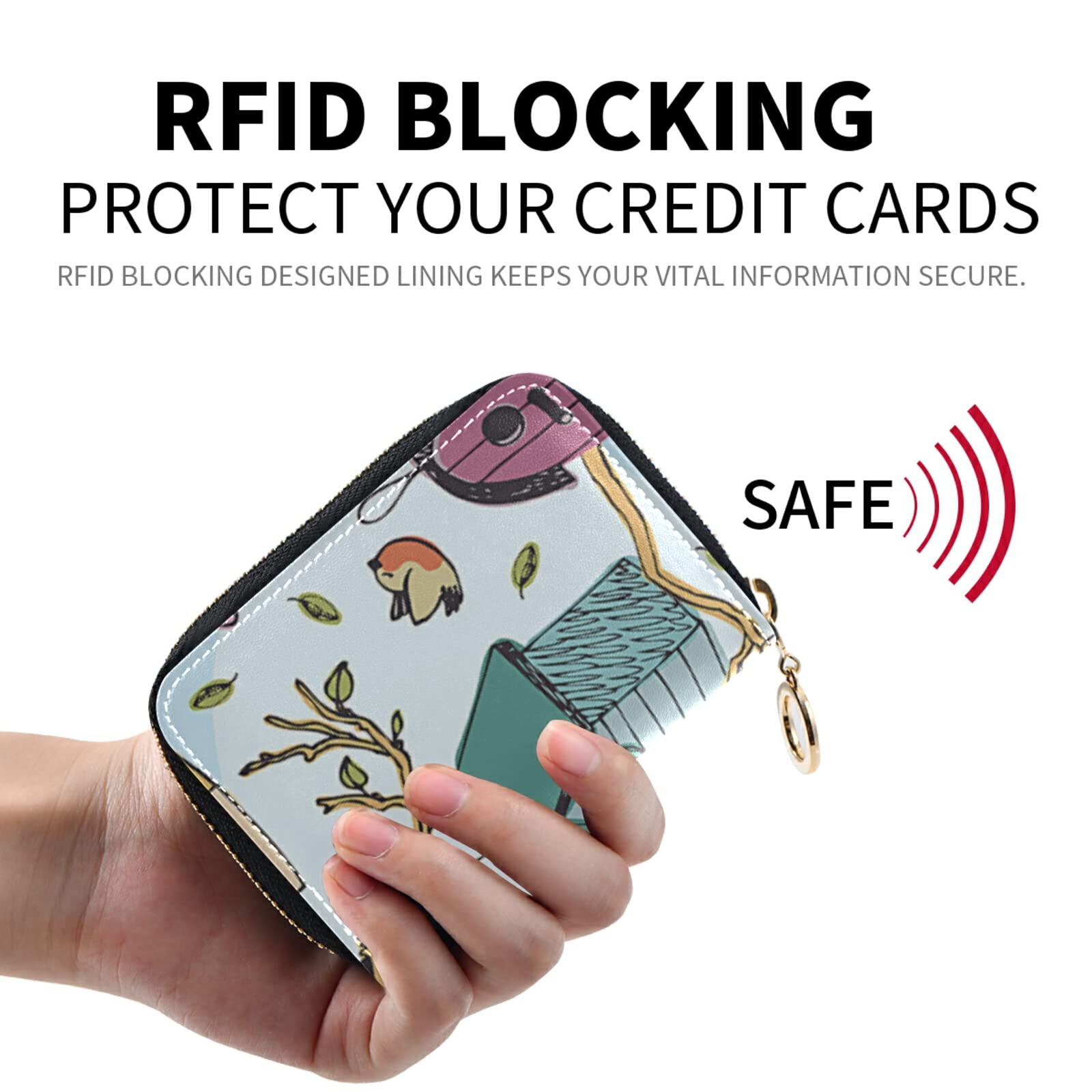 Colorful Birds and Starling Houses Tree Branches Blue SkyGrey Credit Card Coin wallet, RFID Blocking Compact Women Leather Card Holder, Key Change Organizer, Zipper Purse Clutch Pouch