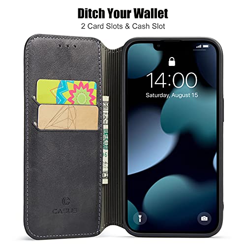 Casus Logo View Compatible with iPhone 13 Wallet Case Slim Magnetic Flip Cover Faux Leather with Card Holder Slot Thin Kickstand (2021) 6.1" (Black)
