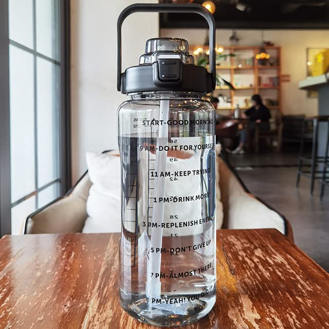 Astrid - 2 liter Motivational Water Bottle - Pink/Purple/Blue/Green/Black pastel color variation.Detachable straw + efficient handle for efficient transport. (Black)