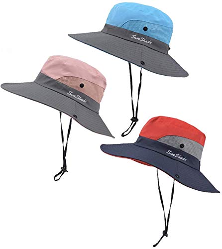 3 Pieces Women's Outdoor Ponytail Safari Sun Hat Foldable Mesh Wide Brim Beach Fishing Hat (red & Pink & Sky Blue)