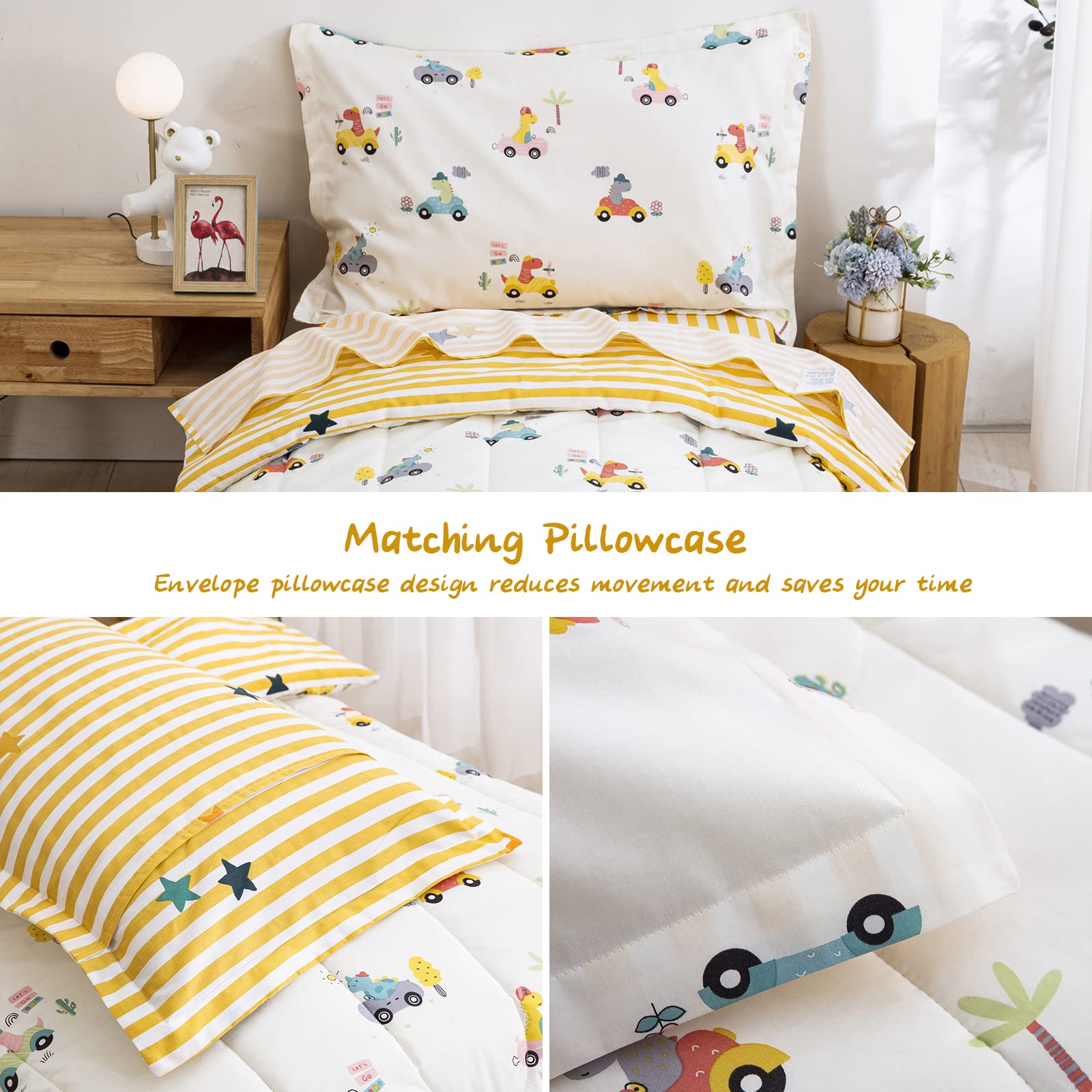4pcs Cotton Comforter Set for Kids, Dinosaur Car Toddler Bedding Comforter for Boys Girls, Soft Reversible Bedding Set for All Season (1 Comforter,1 Flat Sheet, 1 Fitted Sheet and 1 Pillowcase )