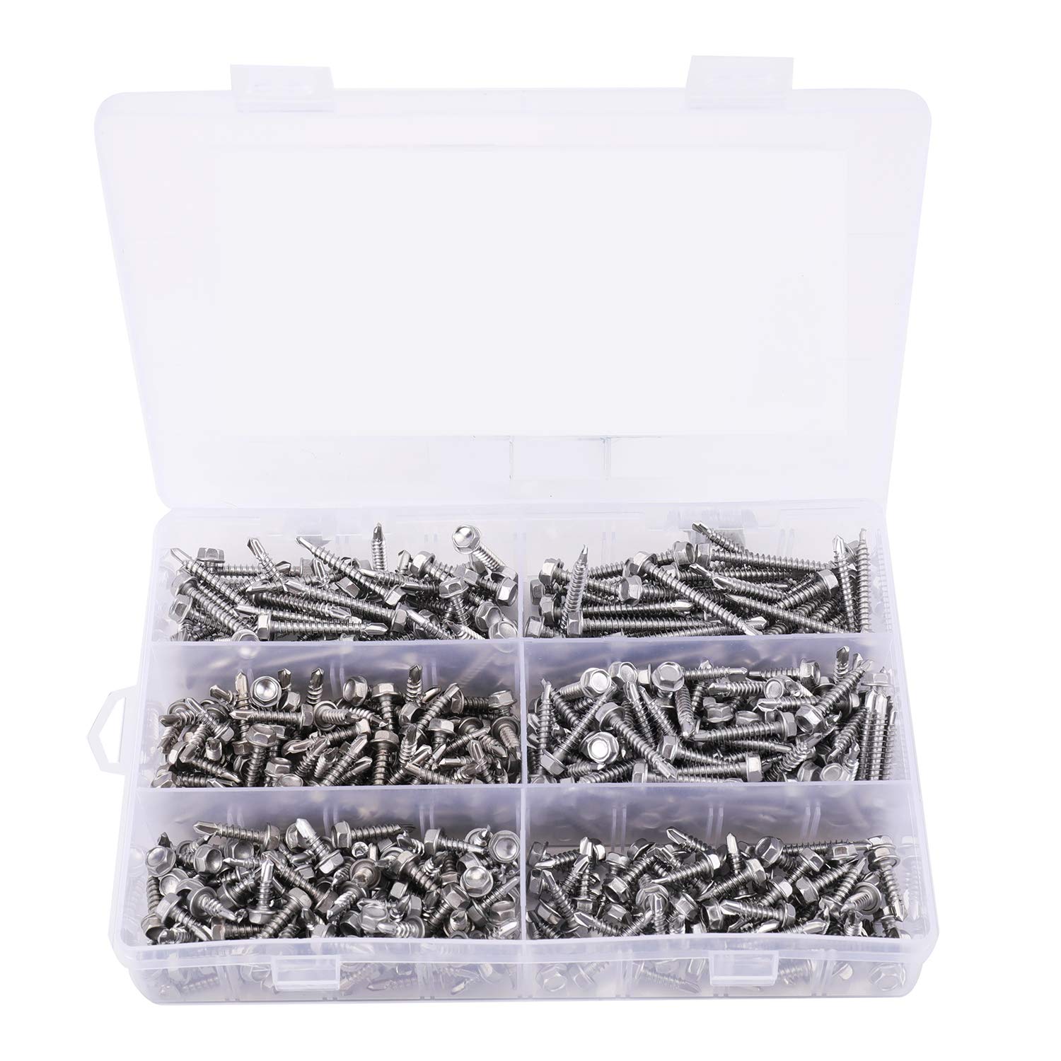 Suwimut 500 Pieces 410 Stainless Steel #8 Self Tapping Sheet Metal Tek Screws Assortment, Hex Washer Head Assorted Screws with Drill Point, Self Driller