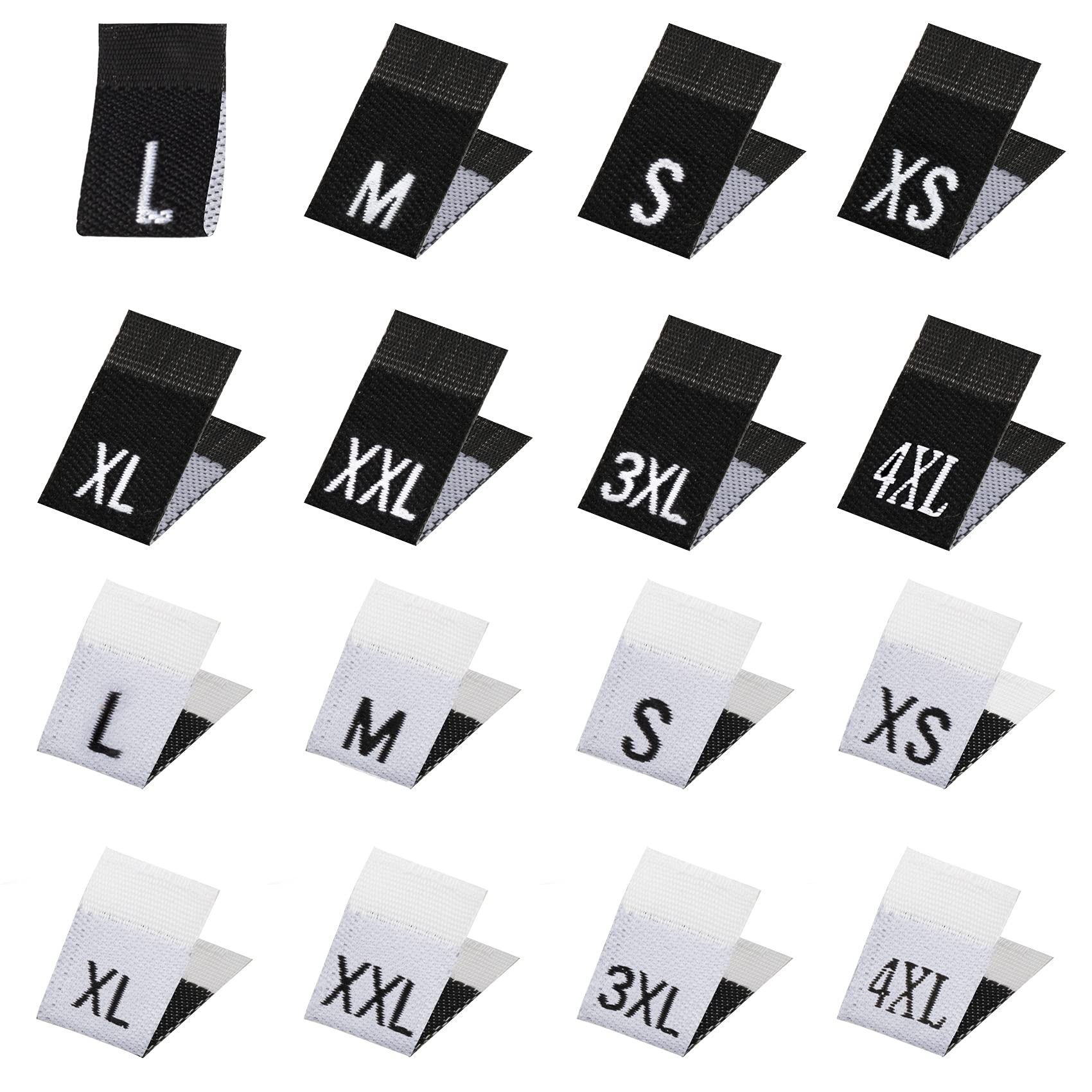 ANCIRS 320 Pack XS/S/M/L/XL/2XL/3XL/4XL Size Labels for Clothing, Sew-On Cotton Crafting Embroidered Size Tags for Shirts Dress (160pcs Black & 160pcs White)