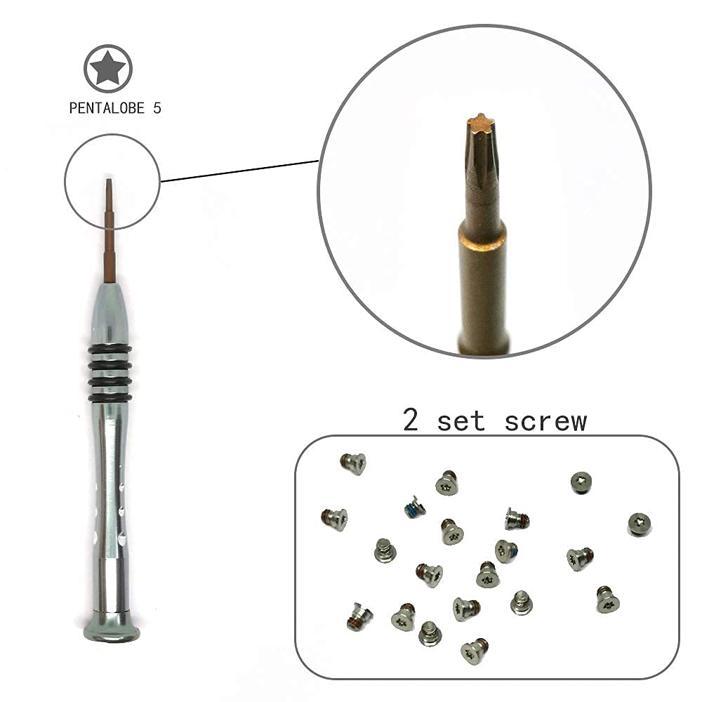 shinedisk 2 Sets Replacement Screws with Screwdriver for MacBook Pro 13 or 15 inch Retina Display A1398 A1425 A1502 2012 to 2015, Bottom Case Cover P5 Pentalobe Repair Tool Kit Laptop PC