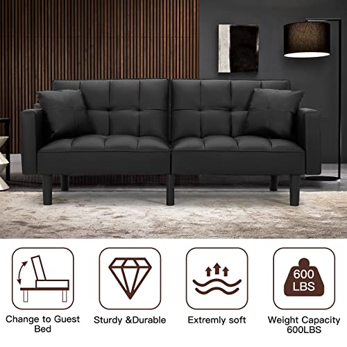 AVAWING Futon Sofa Bed, Modern Leather Convertible Sofa Bed Upholstered Sleeper Sofa Couch Bed with Adjustable Back, Arms and High Strength Nylon Legs for Living Room, Apartment, Office(Black)