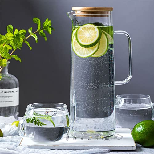 hjn Glass Water Pitcher with Wood Lid Water Carafe with Handle - Fridge Glass Jug for Hot/Cold Water & Iced Tea Beverage, juice,Milk-1500ml /1.5litersā¦