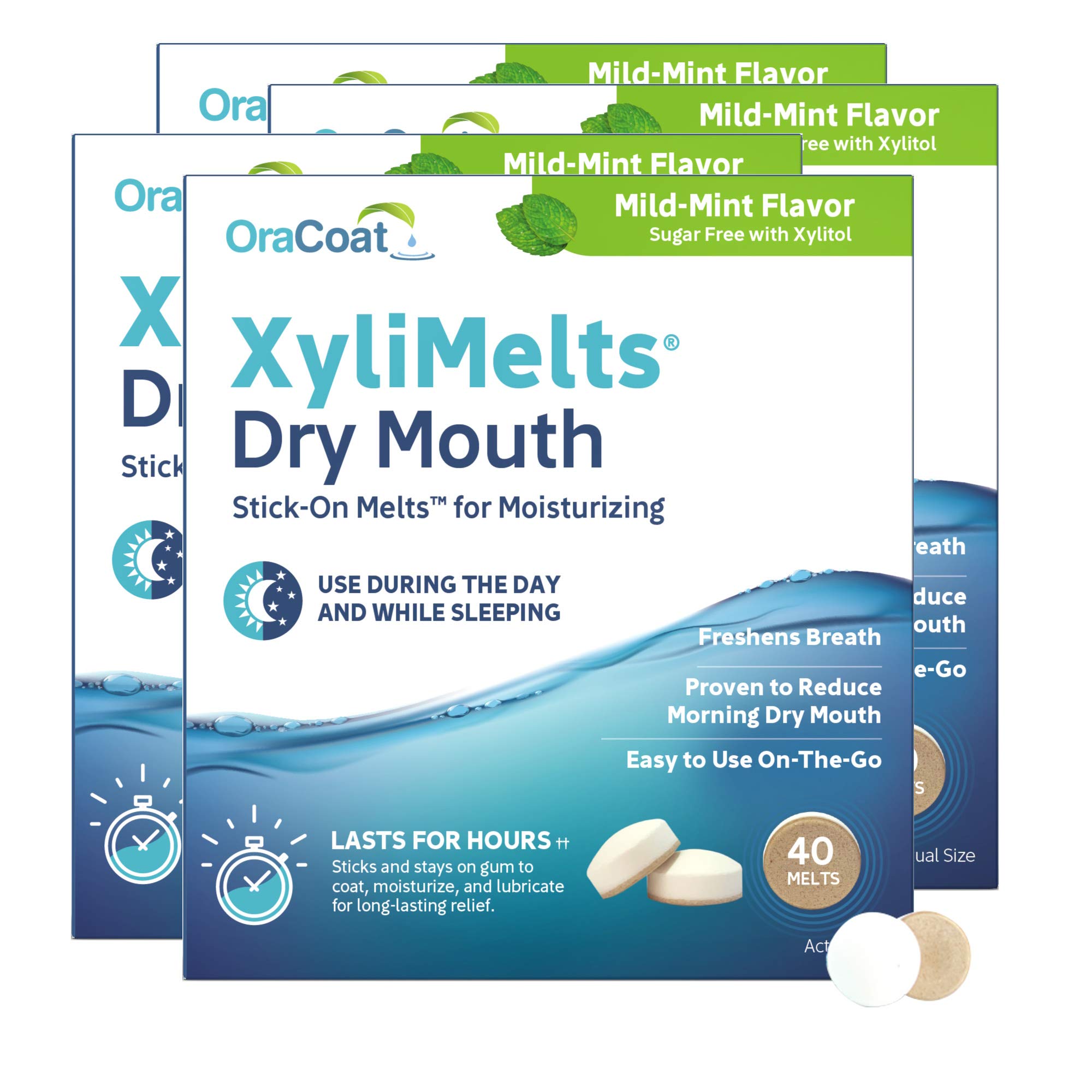 OraCoat XyliMelts Dry Mouth Relief Moisturizing Oral Adhering Discs 40 Count, 4 Pack, Mild Mint with Xylitol, for Dry Mouth, Stimulates Saliva