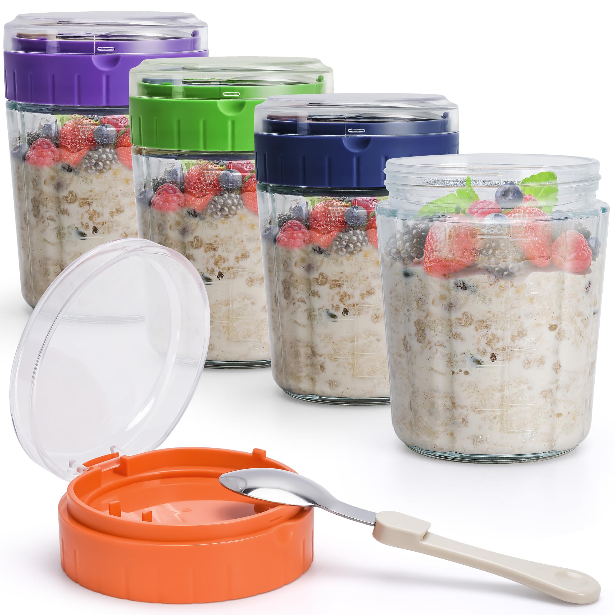 EONJOE Overnight Oats Containers with Lid and Spoon - 16oz Glass Mason Jars for Meal Prep, Yogurt,Pudding- Set of 6