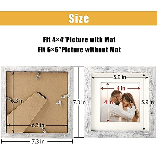 AVEAX 6x6 Picture Frame Display Pictures 4x4 with Mat or 6x6 Without Mat, Set of 4 Square Photo Frame for Wall or Tabletop White