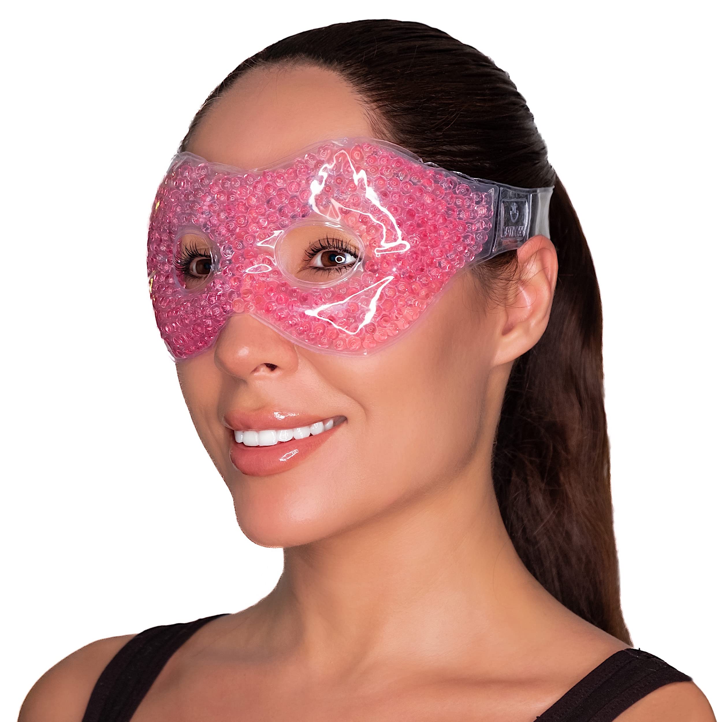 Gel Eye Mask with Eye Holes- Hot Cold Compress Pack Eye Therapy | Cooling Eye Mask for Puffy Eyes, Dry Eyes, Headaches, Migraines, Sinus, Dark Circles - Reusable Eye Face Mask | Ergo Gel Bead (Pink)