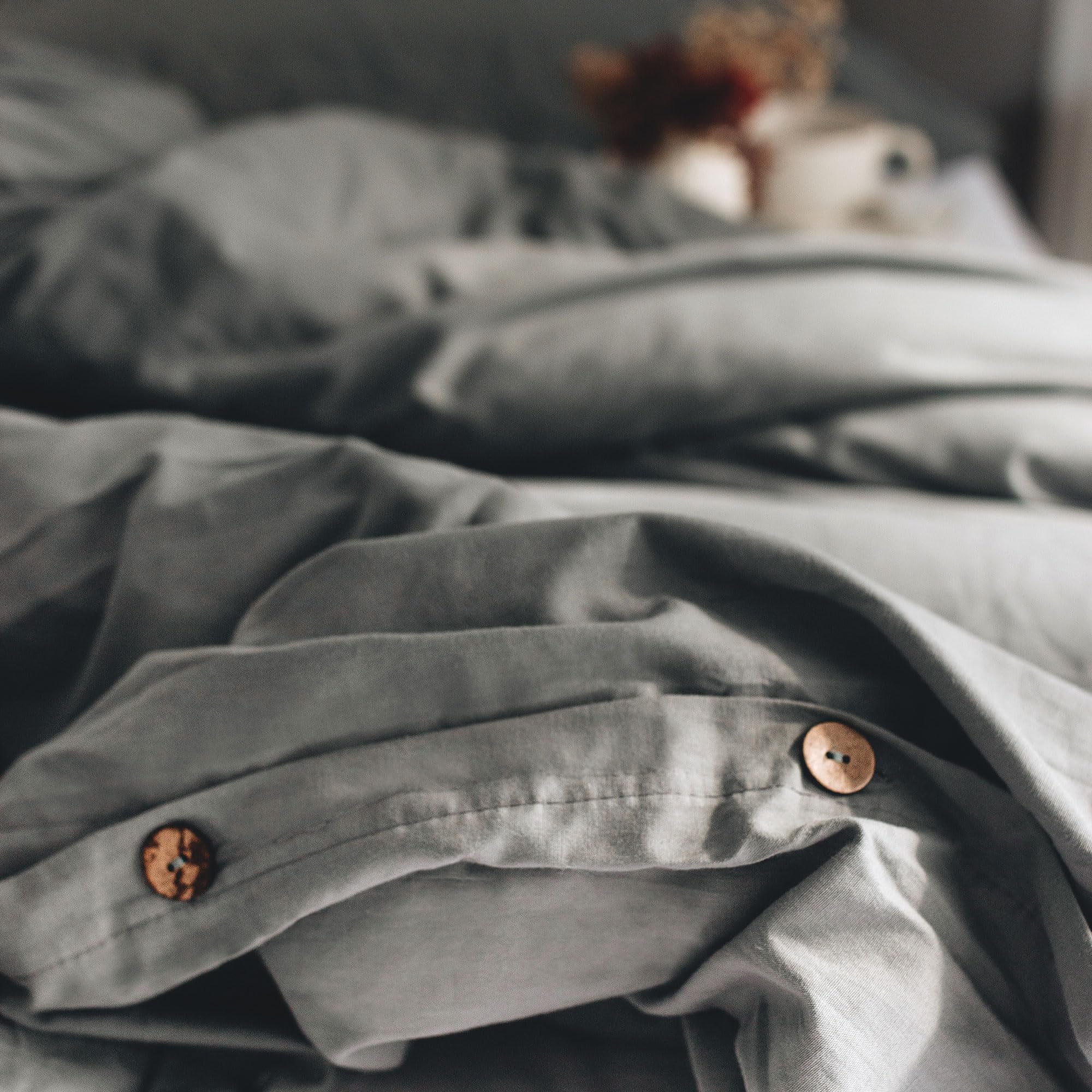 Lavien Home, 0 Washed Cotton Duvet Cover Set Grey Queen Size, Linen Like Luxury Soft Bedding with 2 Pillow Shams Buttons Closure (Queen, 90"x90")